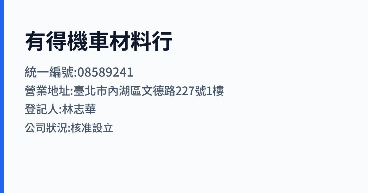 有得機車材料行 - 統編 08589241(臺北市) 公司登記資料與營業項目詳細圖表
