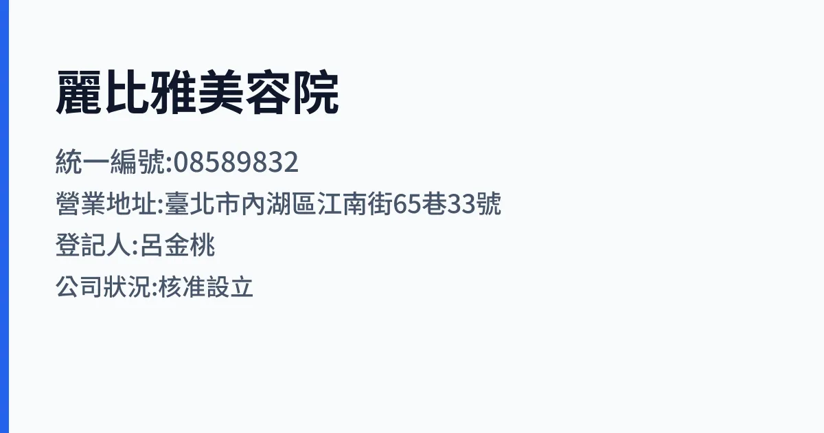 麗比雅美容院 - 統編 08589832(臺北市) 公司登記資料與營業項目詳細圖表