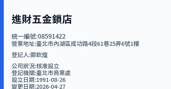 進財五金鎖店的照片-統編 08591422(臺北市) 公司登記資料與營業項目詳細圖表