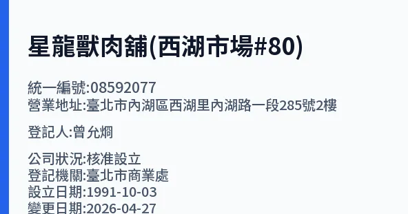 星龍獸肉舖(西湖市場#80)的照片-統編 08592077(臺北市) 公司登記資料與營業項目詳細圖表