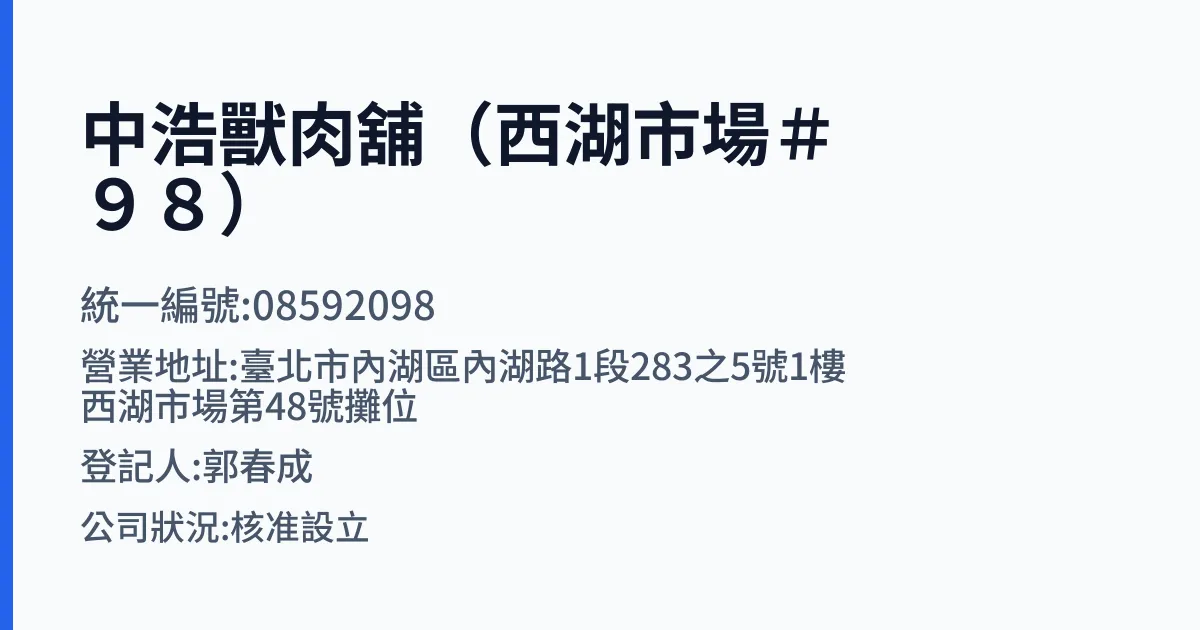 中浩獸肉舖（西湖市場＃９８） - 統編 08592098(臺北市) 公司登記資料與營業項目詳細圖表
