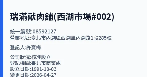 瑞滿獸肉舖(西湖市場#002)的照片-統編 08592127(臺北市) 公司登記資料與營業項目詳細圖表