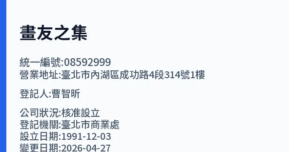 畫友之集的照片-統編 08592999(臺北市) 公司登記資料與營業項目詳細圖表