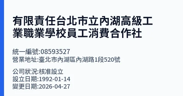 有限責任台北市立內湖高級工業職業學校員工消費合作社的照片-統編 08593527(臺北市) 公司登記資料與營業項目詳細圖表