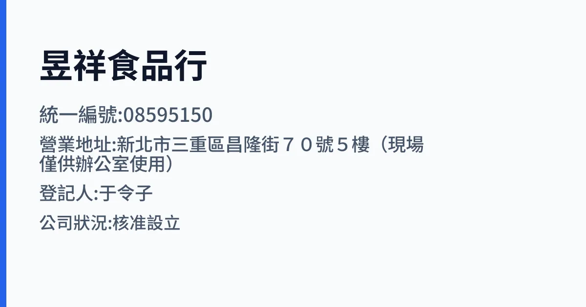 昱祥食品行 - 統編 08595150(桃園市) 公司登記資料與營業項目詳細圖表