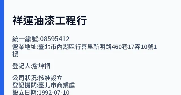 祥運油漆工程行的照片-統編 08595412(臺北市) 公司登記資料與營業項目詳細圖表