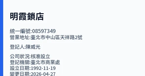 明霞鎖店的照片-統編 08597349(臺北市) 公司登記資料與營業項目詳細圖表