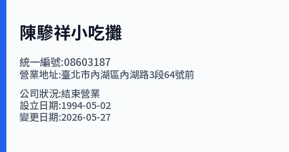 陳驂祥小吃攤的照片-統編 08603187(臺北市) 公司登記資料與營業項目詳細圖表