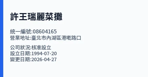 許王瑞麗菜攤的照片-統編 08604165(臺北市) 公司登記資料與營業項目詳細圖表