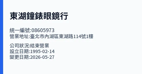 東湖鐘錶眼鏡行的照片-統編 08605973(臺北市) 公司登記資料與營業項目詳細圖表