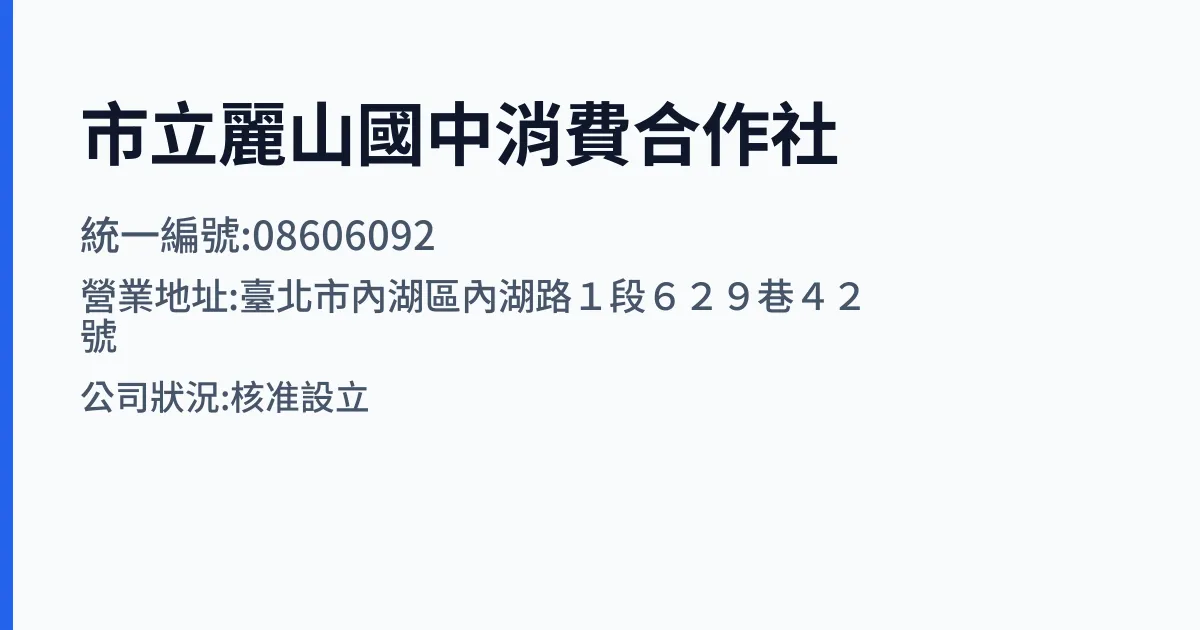 市立麗山國中消費合作社 - 統編 08606092(臺北市) 公司登記資料與營業項目詳細圖表