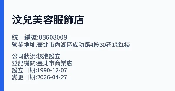 汶兒美容服飾店的照片-統編 08608009(臺北市) 公司登記資料與營業項目詳細圖表