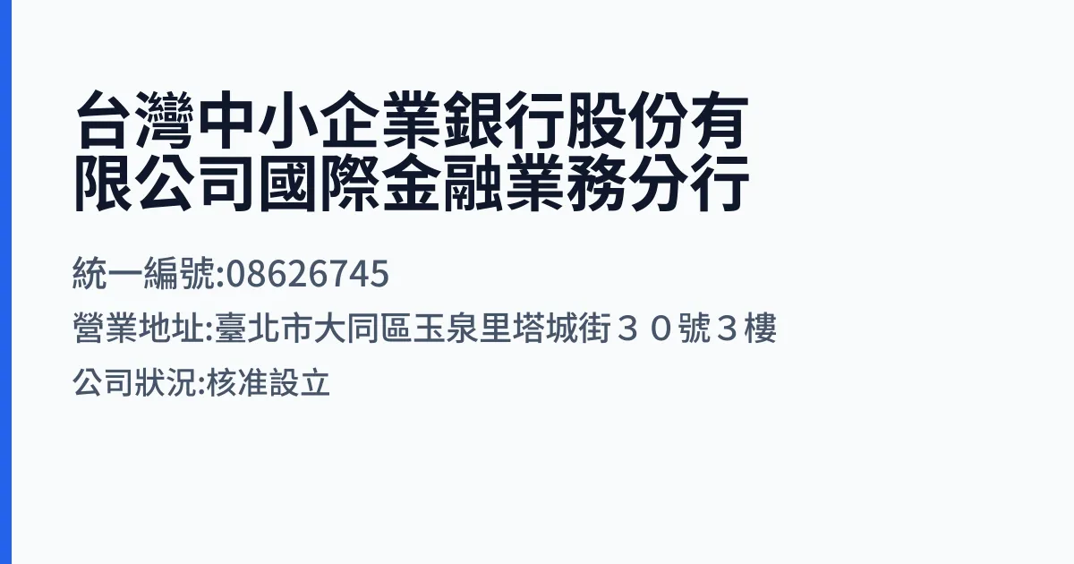 台灣中小企業銀行股份有限公司國際金融業務分行 - 統編 08626745(臺北市) 公司登記資料與營業項目詳細圖表
