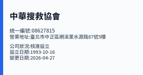 中華搜救協會的照片-統編 08627815(臺北市) 公司登記資料與營業項目詳細圖表
