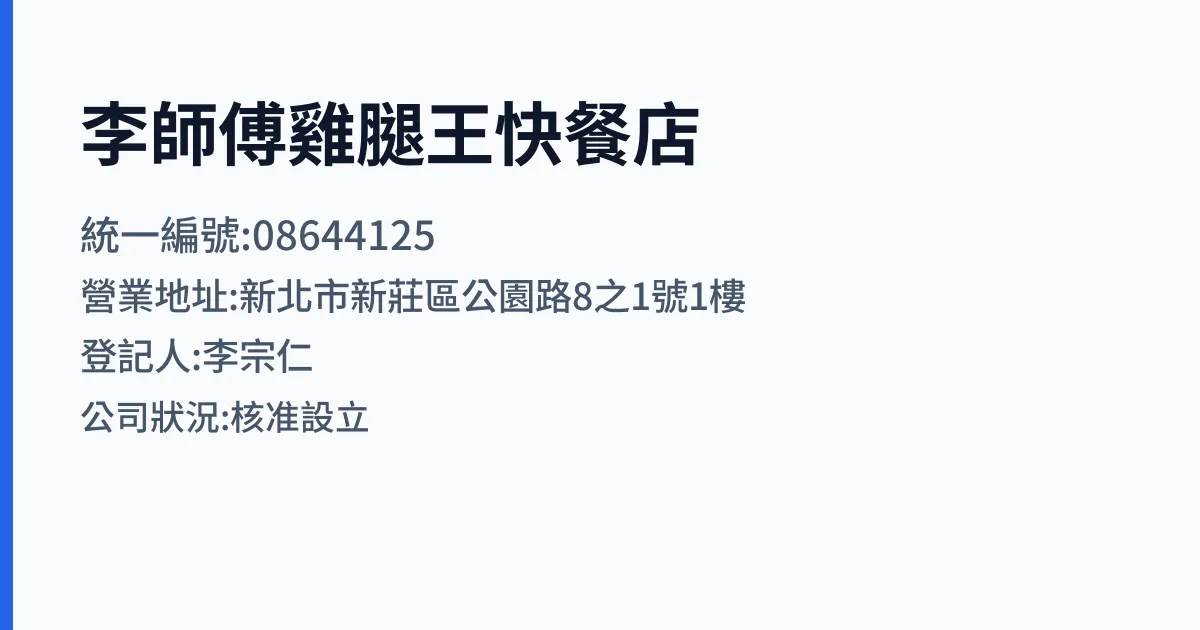 李師傅雞腿王快餐店 - 統編 08644125(新北市) 公司登記資料與營業項目詳細圖表