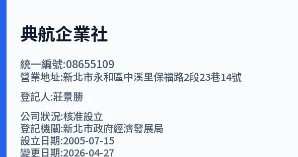 典航企業社的照片-統編 08655109(新北市) 公司登記資料與營業項目詳細圖表