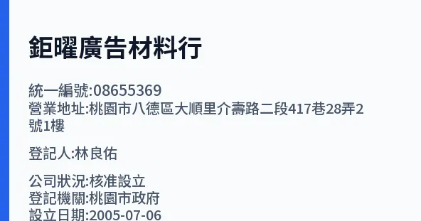 鉅曜廣告材料行的照片-統編 08655369(桃園市) 公司登記資料與營業項目詳細圖表