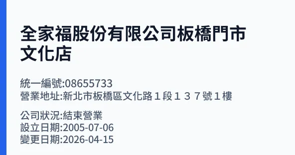 全家福股份有限公司板橋門市文化店的照片-統編 08655733(新北市) 公司登記資料與營業項目詳細圖表