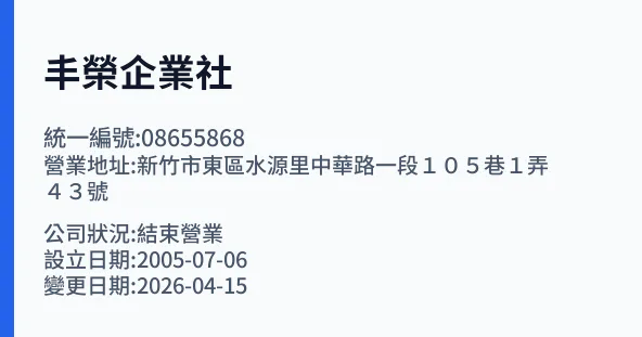 丰榮企業社的照片-統編 08655868(新竹市) 公司登記資料與營業項目詳細圖表