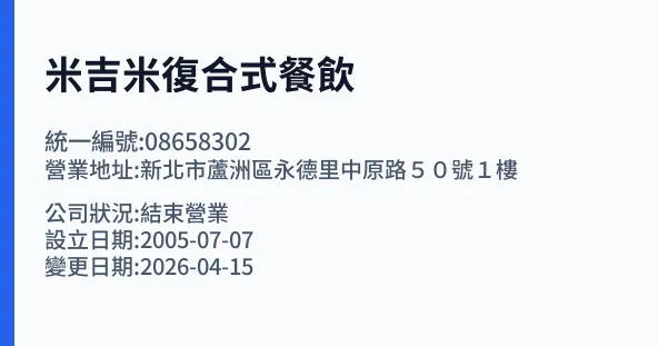 米吉米復合式餐飲的照片-統編 08658302(新北市) 公司登記資料與營業項目詳細圖表
