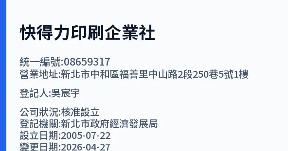 快得力印刷企業社的照片-統編 08659317(新北市) 公司登記資料與營業項目詳細圖表