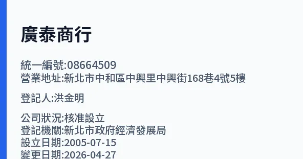 廣泰商行的照片-統編 08664509(新北市) 公司登記資料與營業項目詳細圖表