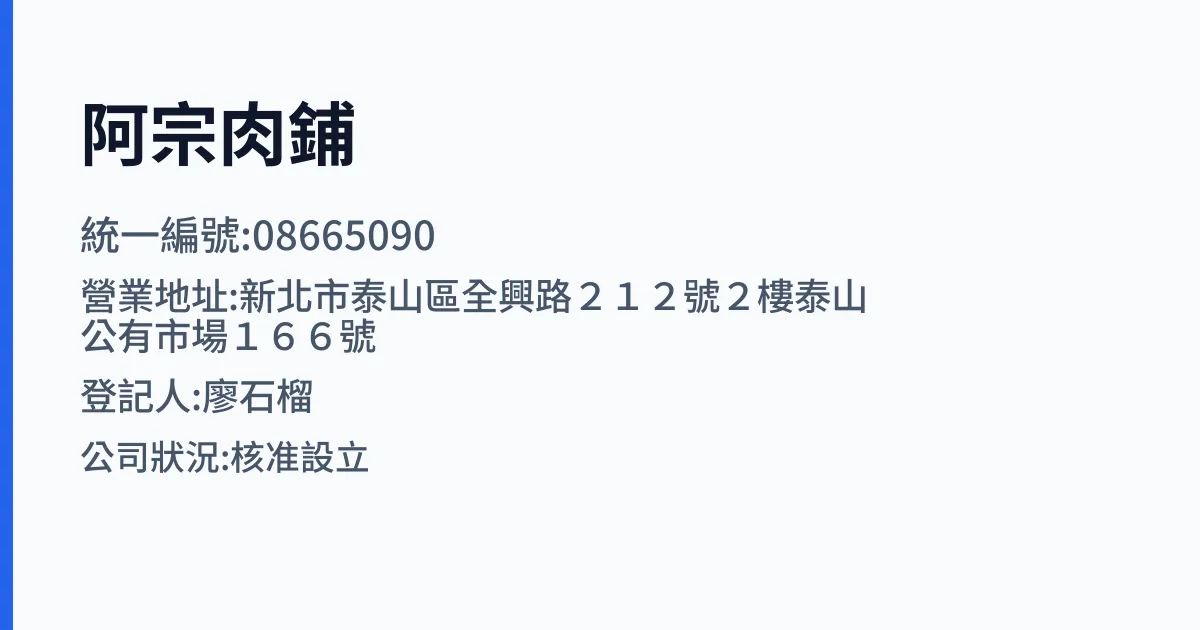 阿宗肉鋪 - 統編 08665090（新北市） 公司登記資料與營業項目詳細圖表