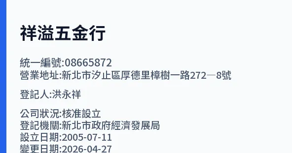 祥溢五金行的照片-統編 08665872(新北市) 公司登記資料與營業項目詳細圖表