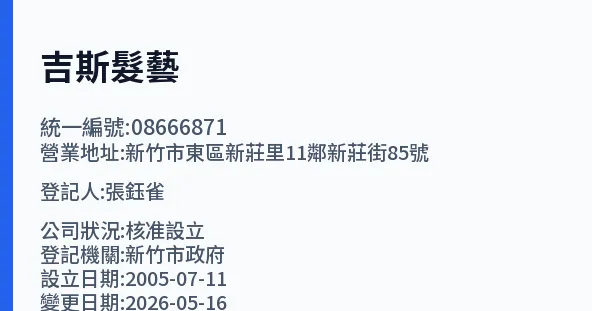 吉斯髮藝的照片-統編 08666871(新竹市) 公司登記資料與營業項目詳細圖表