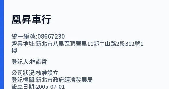 凰昇車行的照片-統編 08667230(新北市) 公司登記資料與營業項目詳細圖表