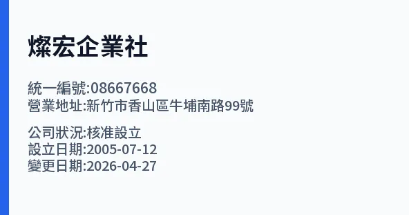 燦宏企業社的照片-統編 08667668(新竹市) 公司登記資料與營業項目詳細圖表
