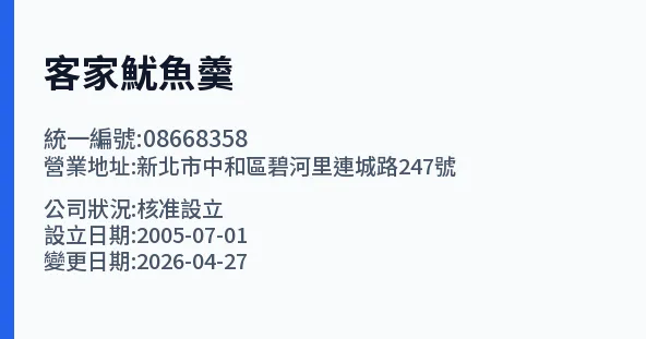 客家魷魚羹的照片-統編 08668358(新北市) 公司登記資料與營業項目詳細圖表