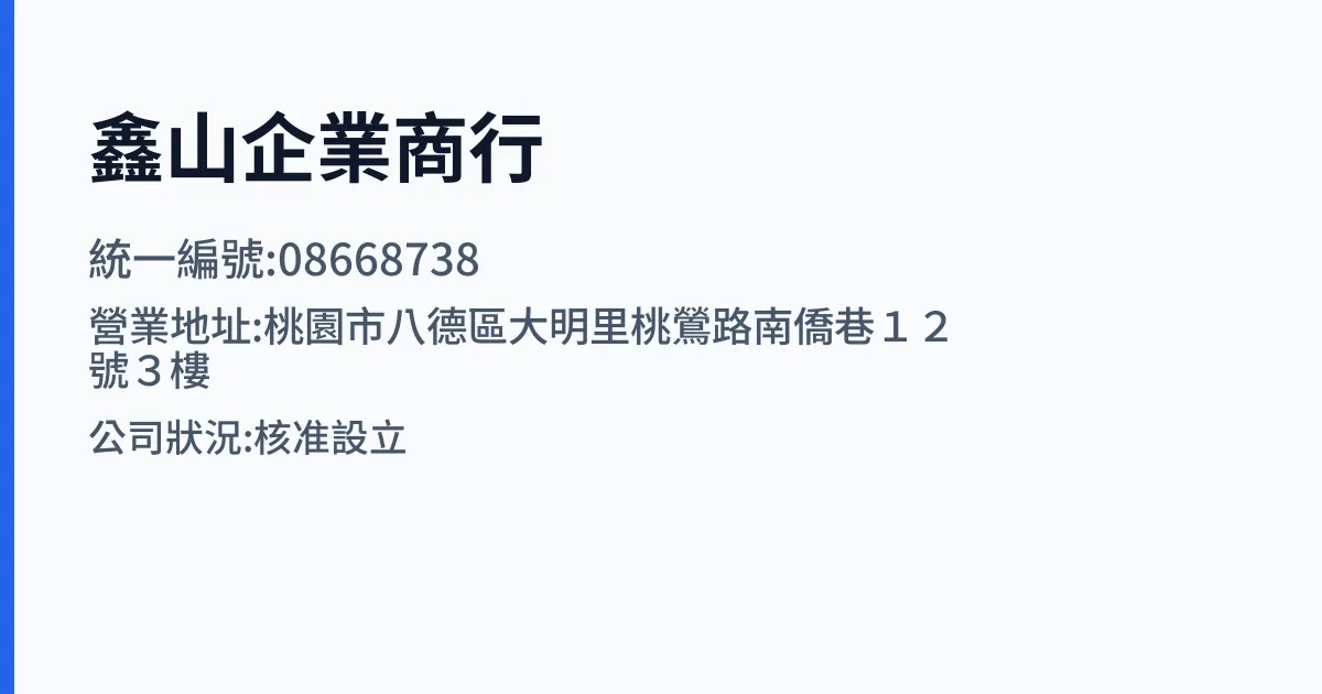 鑫山企業商行 - 統編 08668738(桃園市) 公司登記資料與營業項目詳細圖表