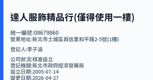 達人服飾精品行(僅得使用一樓)的照片-統編 08679860(新北市) 公司登記資料與營業項目詳細圖表