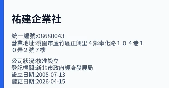 祐建企業社的照片-統編 08680043(桃園市) 公司登記資料與營業項目詳細圖表