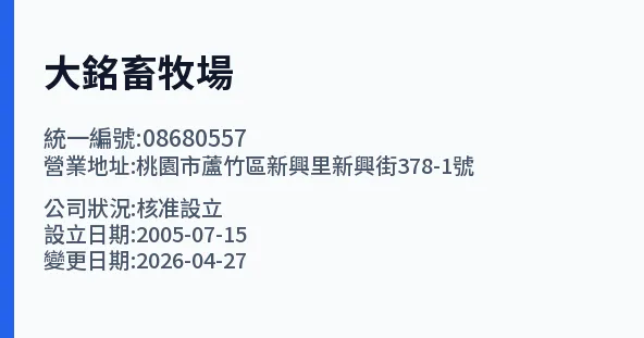 大銘畜牧場的照片-統編 08680557(桃園市) 公司登記資料與營業項目詳細圖表