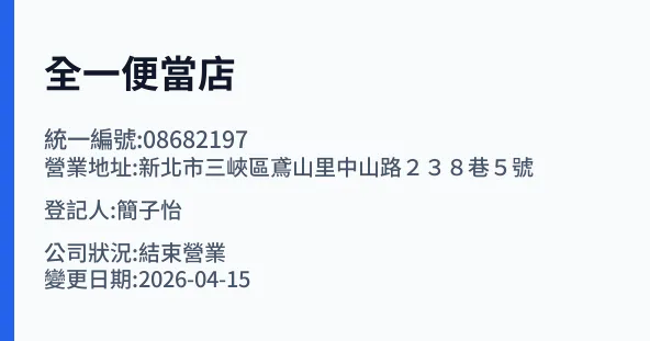 全一便當店的照片-統編 08682197(新北市) 公司登記資料與營業項目詳細圖表