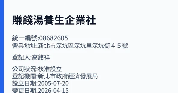 賺錢湯養生企業社的照片-統編 08682605(新北市) 公司登記資料與營業項目詳細圖表
