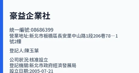 豪益企業社的照片-統編 08686399(新北市) 公司登記資料與營業項目詳細圖表