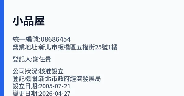 小品屋的照片-統編 08686454(新北市) 公司登記資料與營業項目詳細圖表