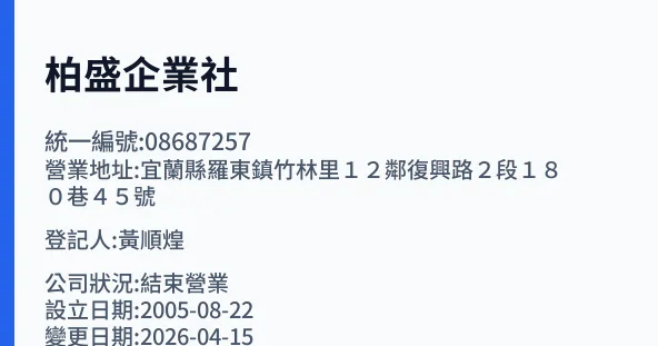 柏盛企業社的照片-統編 08687257(宜蘭縣) 公司登記資料與營業項目詳細圖表