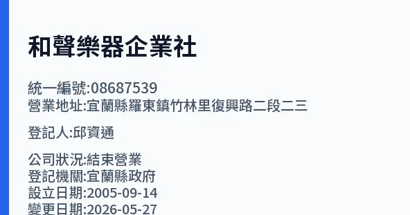 和聲樂器企業社的照片-統編 08687539(宜蘭縣) 公司登記資料與營業項目詳細圖表