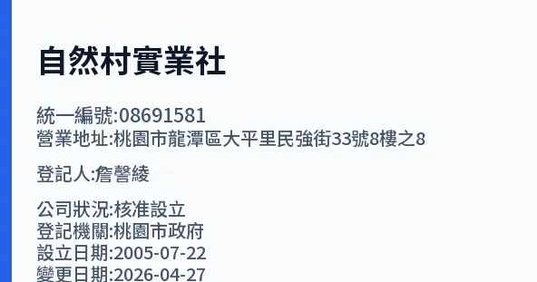 自然村實業社的照片-統編 08691581(桃園市) 公司登記資料與營業項目詳細圖表