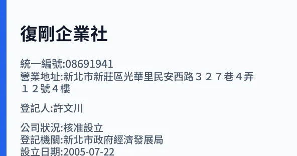 復剛企業社的照片-統編 08691941(新北市) 公司登記資料與營業項目詳細圖表