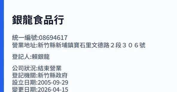 銀龍食品行的照片-統編 08694617(新竹縣) 公司登記資料與營業項目詳細圖表
