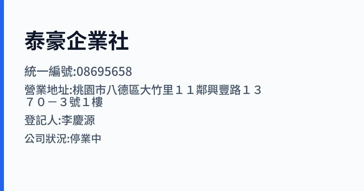 泰豪企業社 - 統編 08695658(桃園市) 公司登記資料與營業項目詳細圖表