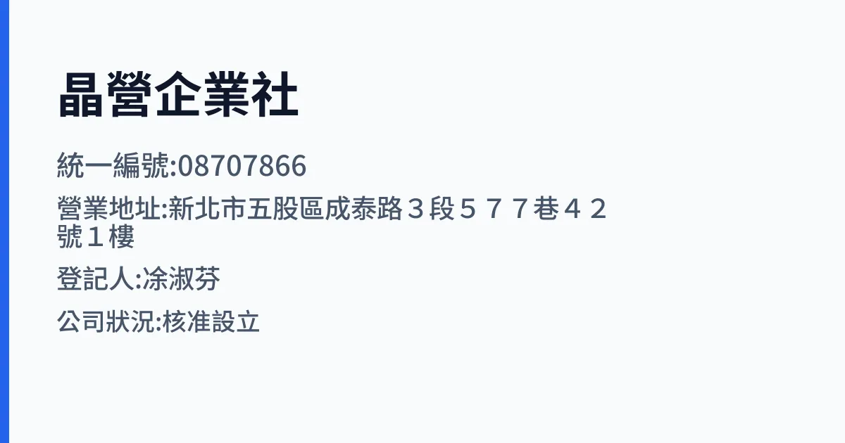 晶營企業社 - 統編 08707866(新北市) 公司登記資料與營業項目詳細圖表