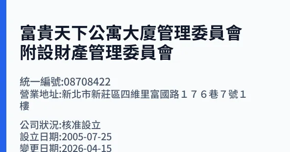 富貴天下公寓大廈管理委員會附設財產管理委員會的照片-統編 08708422(新北市) 公司登記資料與營業項目詳細圖表