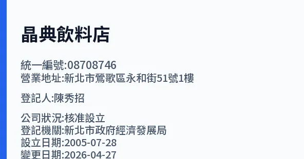 晶典飲料店的照片-統編 08708746(新北市) 公司登記資料與營業項目詳細圖表