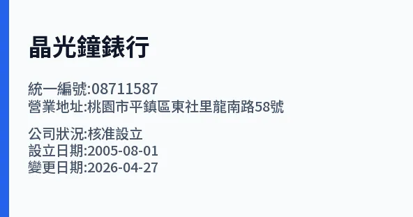 晶光鐘錶行的照片-統編 08711587(桃園市) 公司登記資料與營業項目詳細圖表